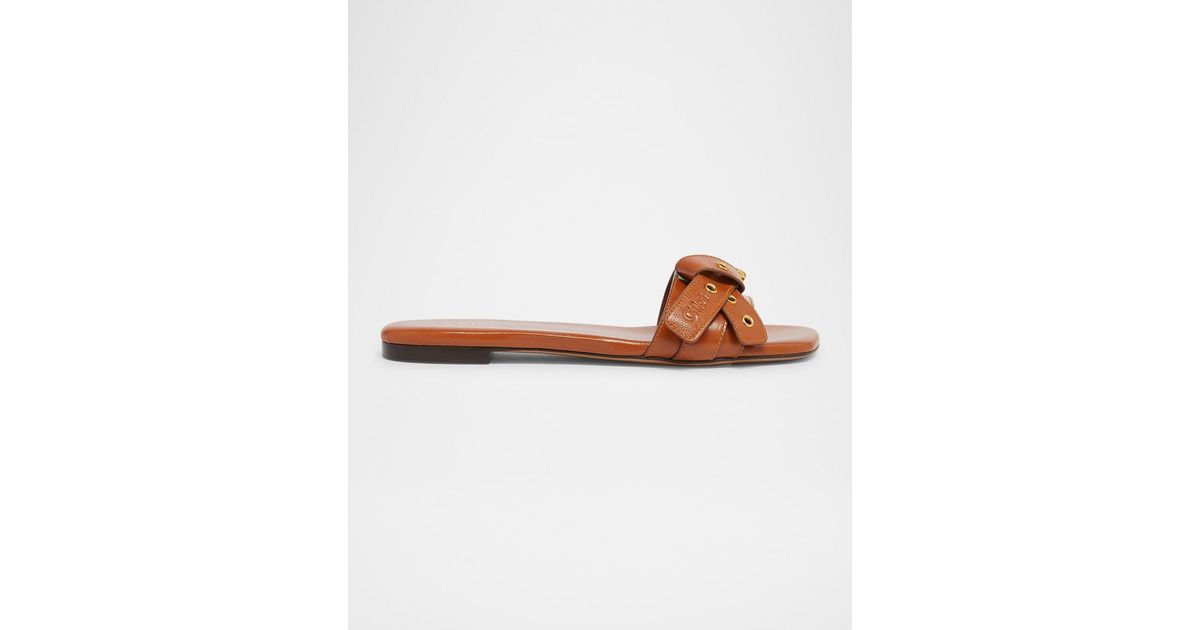 Chloé Mae Leather Buckle Flat Slide Sandals in Brown | Lyst