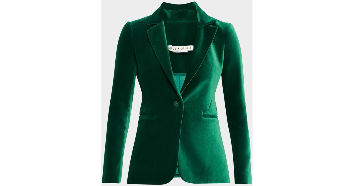 Alice + Olivia Macey Notch-Collar Fitted Velvet Blazer in Green | Lyst