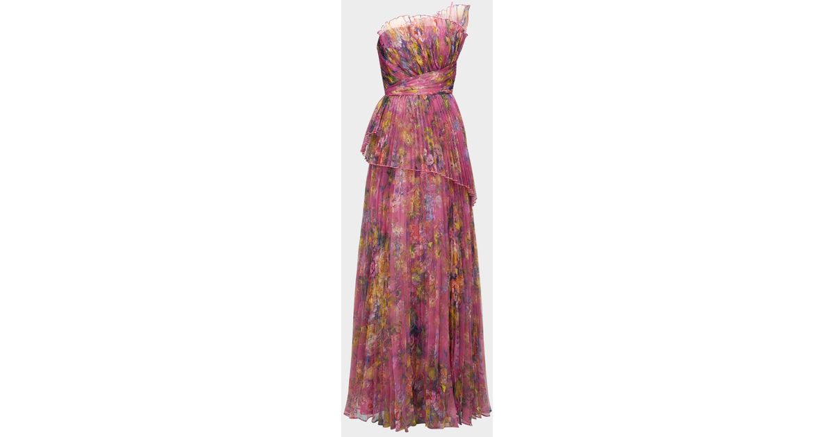 THEIA Nicolette Pleated Floral-Print Organza Gown in Purple | Lyst