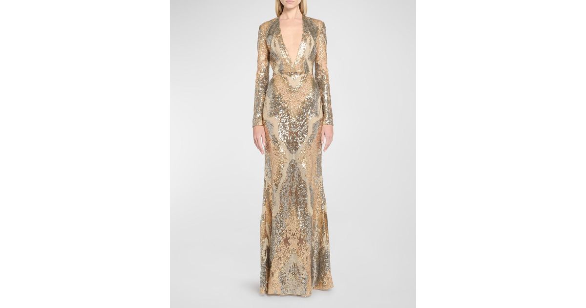 Elie Saab Plunging Sequin Embroidered Tulle Long-sleeve Gown in Natural ... Elie Saab Plunging Sequin Embroidered Tulle Long-sleeve Gown in Natural ...