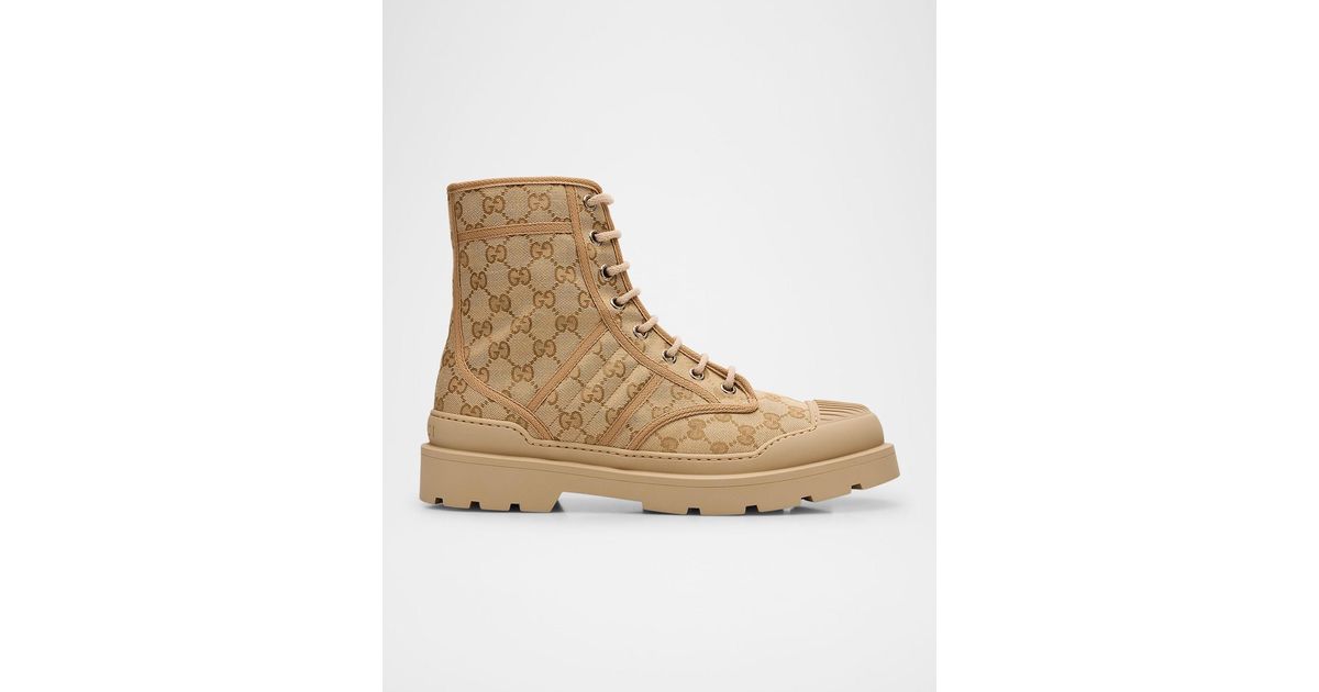 Gucci Sherlin Gg Canvas Lace-Up Boots in Natural for Men | Lyst