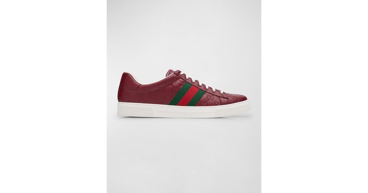 Gucci Ace Gg Embossed Leather Low-Top Sneakers in Red for Men | Lyst