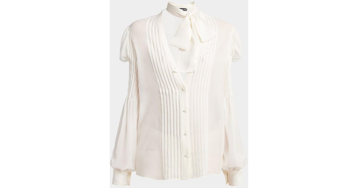 Tom Ford Semi-Sheer Silk Blouse With Tie Neck in White | Lyst