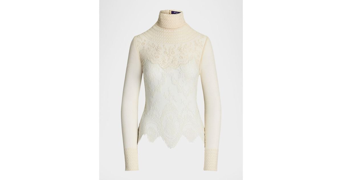 Ralph Lauren Delilah Embellished Floral Leavers Lace Turtleneck Top in ...