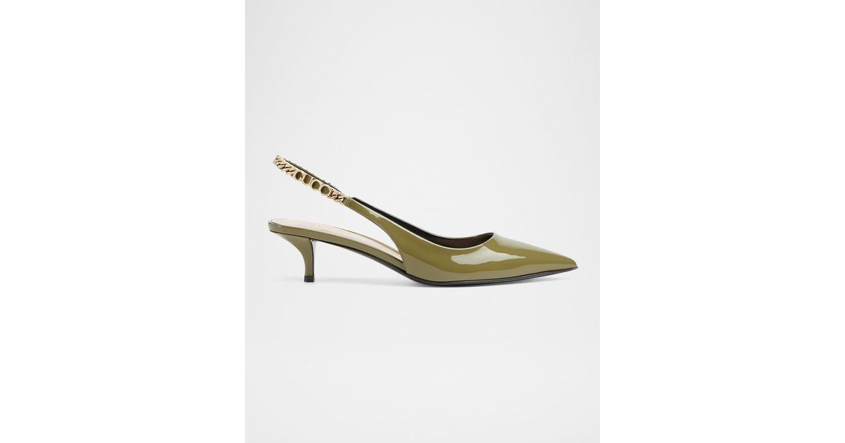Gucci Signoria Patent Logo Chain Kitten Pumps in Metallic | Lyst
