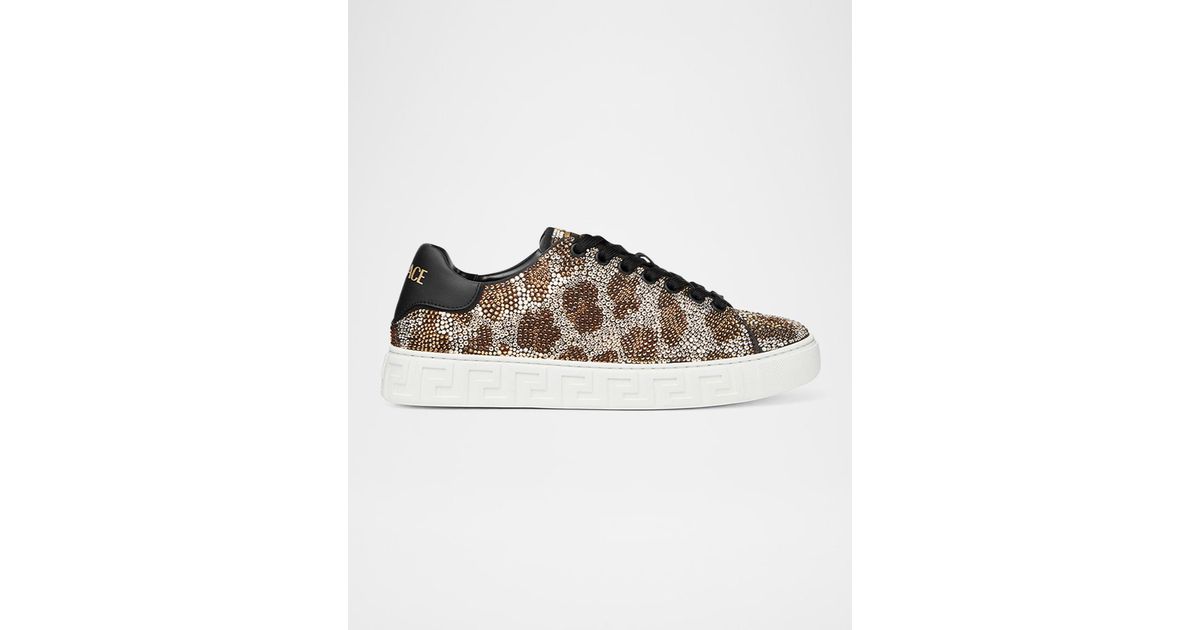 Versace La Greca Leopard Crystal Low-Top Sneakers in Brown | Lyst