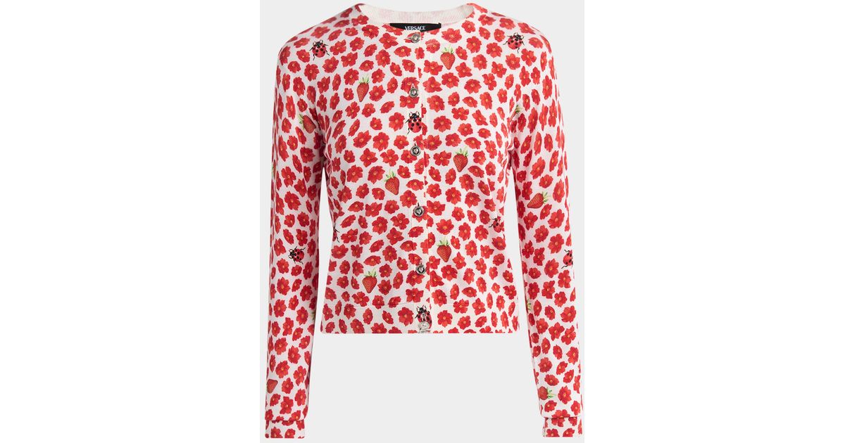 Versace Strawberry Garden Print Silk Knit Cardigan in Red | Lyst
