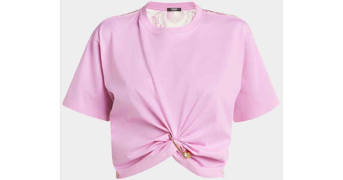 Versace Safety Pin Twisted Crop T Shirt With Underwater Barocco Silk