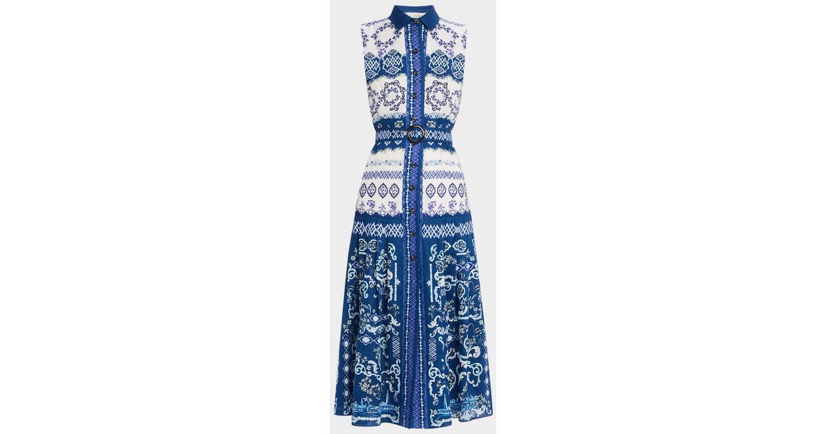 Saloni Nya Belted Linen Midi Dress in Blue | Lyst