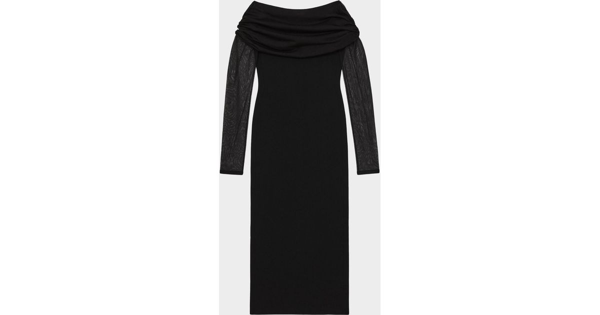 Reiss Angelica Sheer-Sleeve Off-Shoulder Midi Dress in Black | Lyst