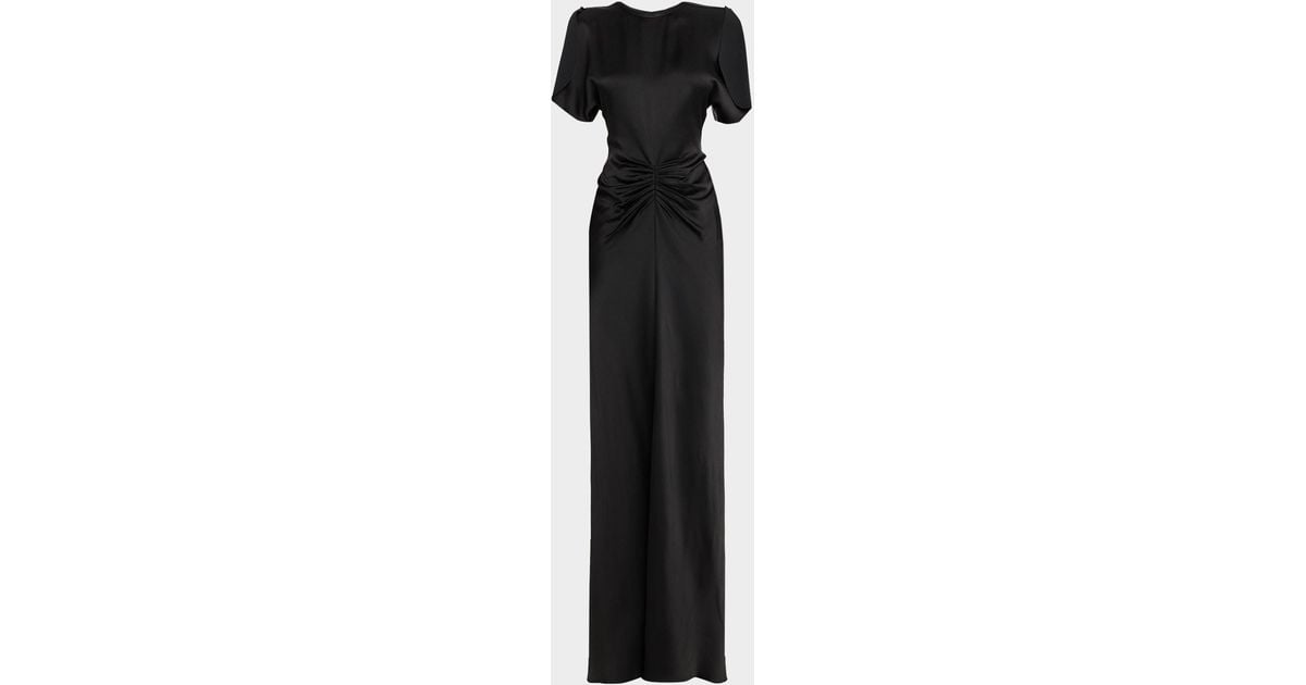 Victoria Beckham Gathered Waist Satin Maxi Dress in Black | Lyst