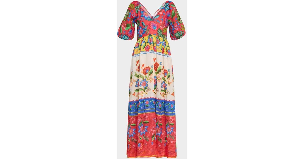 Johnny Was Floral Puff-Sleeve Maxi Dress in Red | Lyst