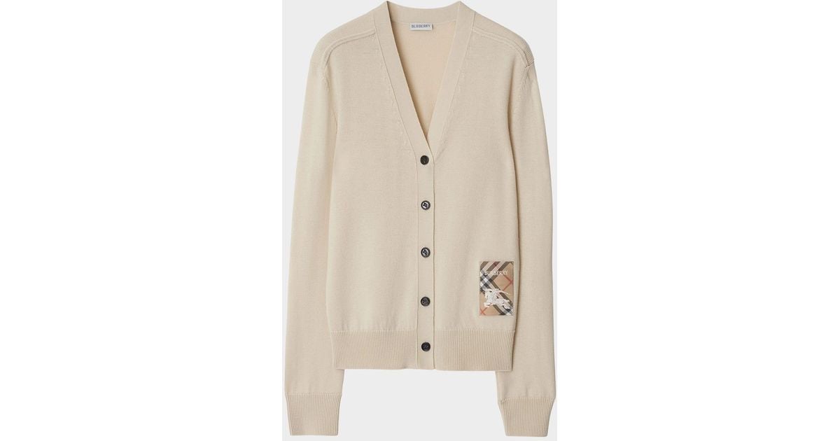 Burberry Logo Patch V-Neck Cardigan in Natural | Lyst