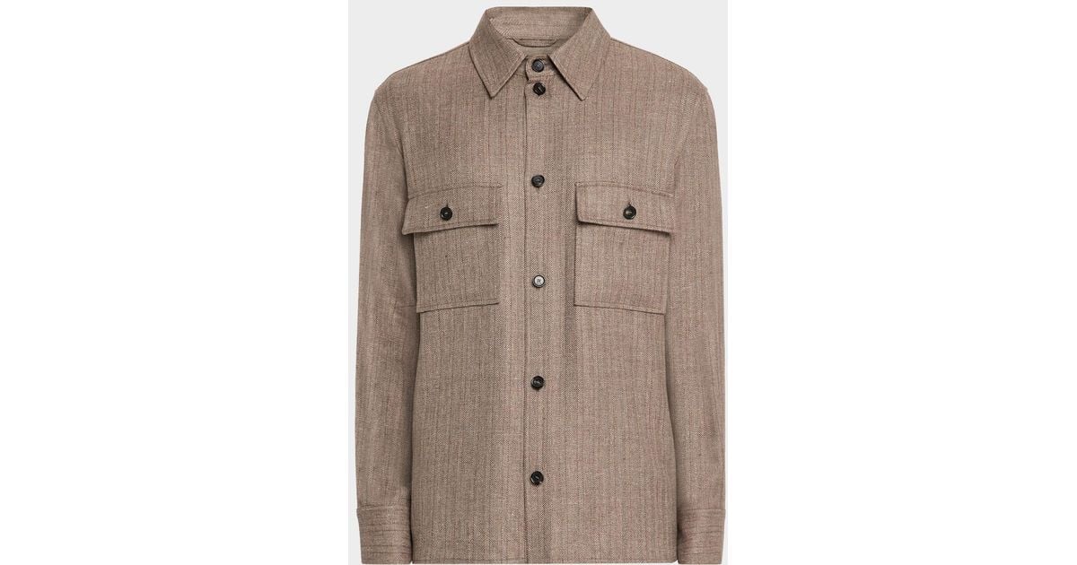 Loro Piana Jim Wool And Linen Herringbone Overshirt in Brown for Men | Lyst