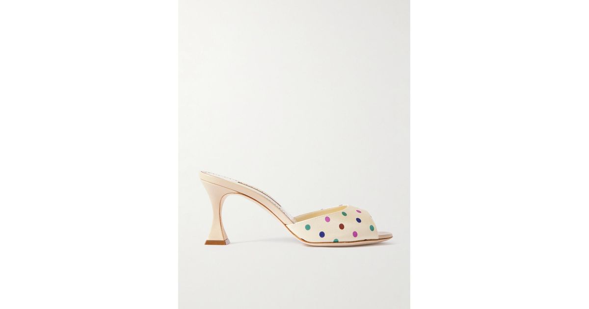 Manolo Blahnik Jadaron 70 Polka-Dot Silk-Satin Mules in Natural | Lyst