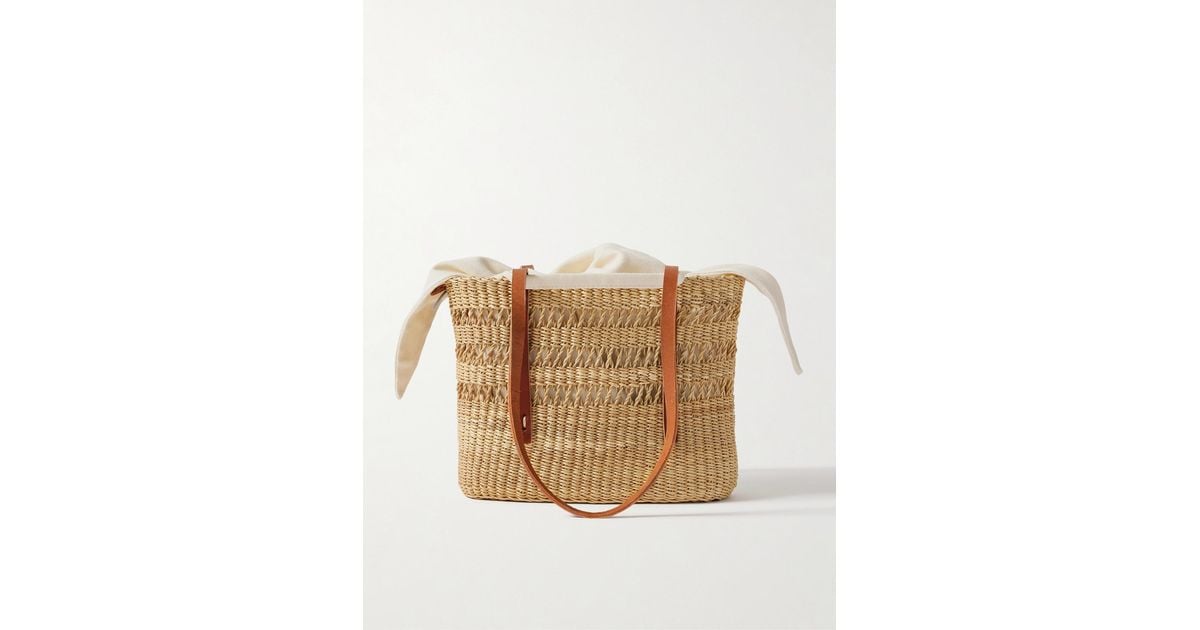 Muuñ Bicro Micro Leather-Trimmed Woven Straw Tote in Natural | Lyst