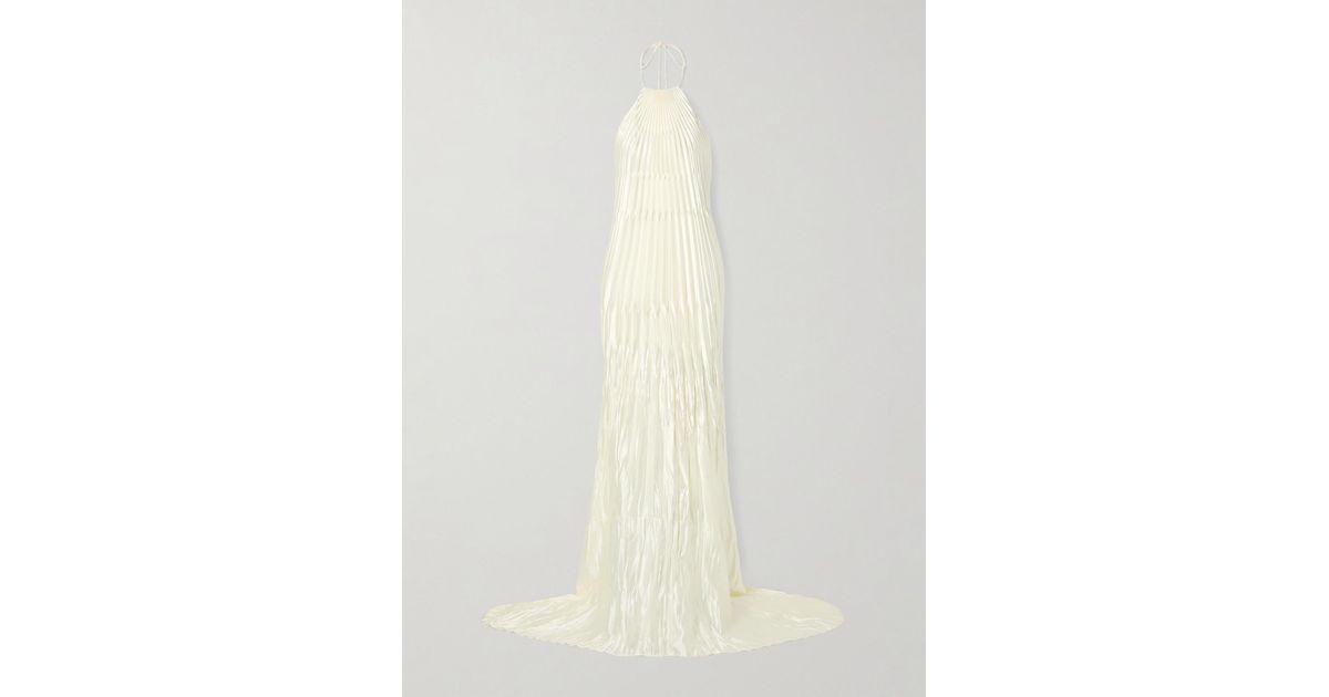 Danielle Frankel Sinclair Embellished Wool And Silk-Blend Plissé-Mikado Halterneck Gown in White ...