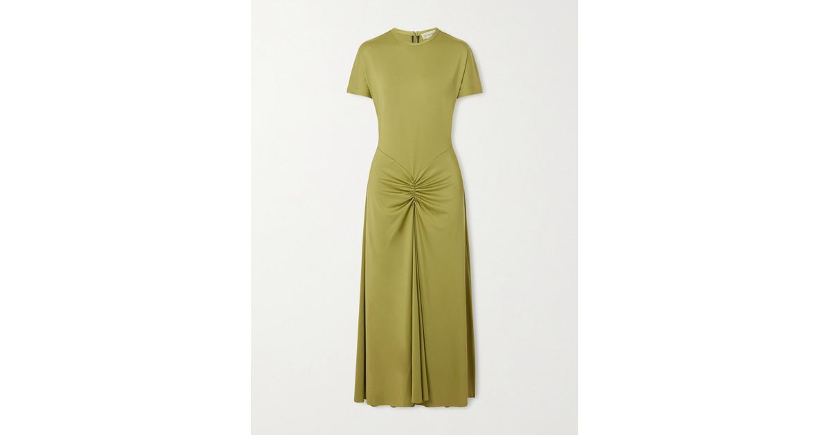 Victoria Beckham Gathered Satin-Jersey Midi Dress in Green | Lyst UK
