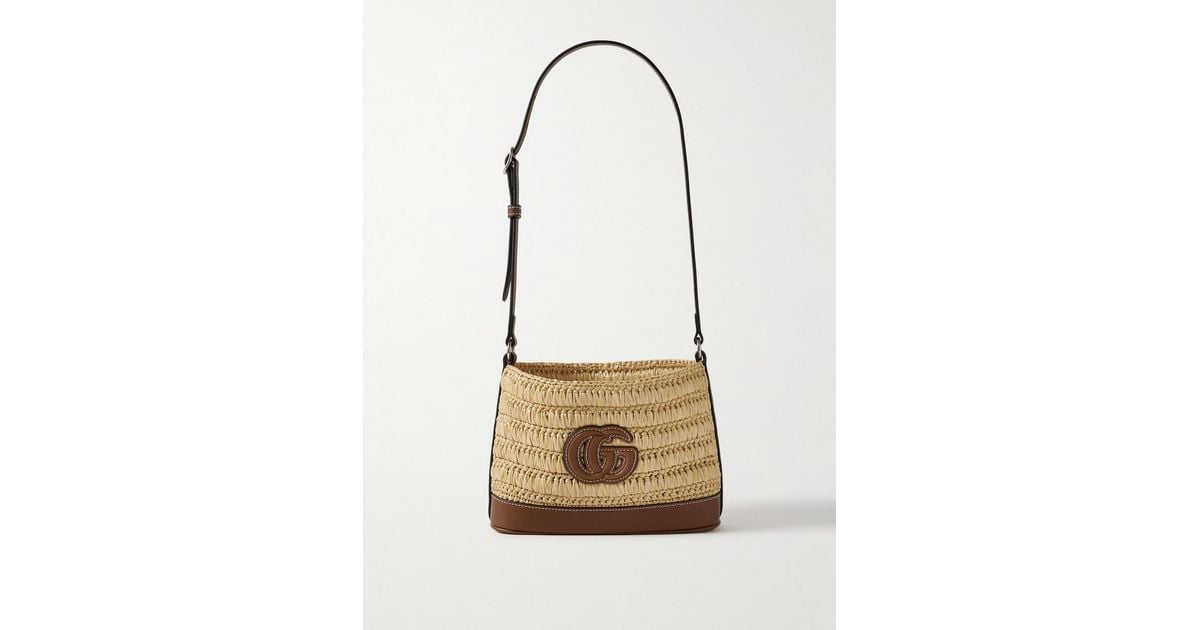 Gucci Mini Appliquéd Leather-Trimmed Raffia Shoulder Bag in White | Lyst