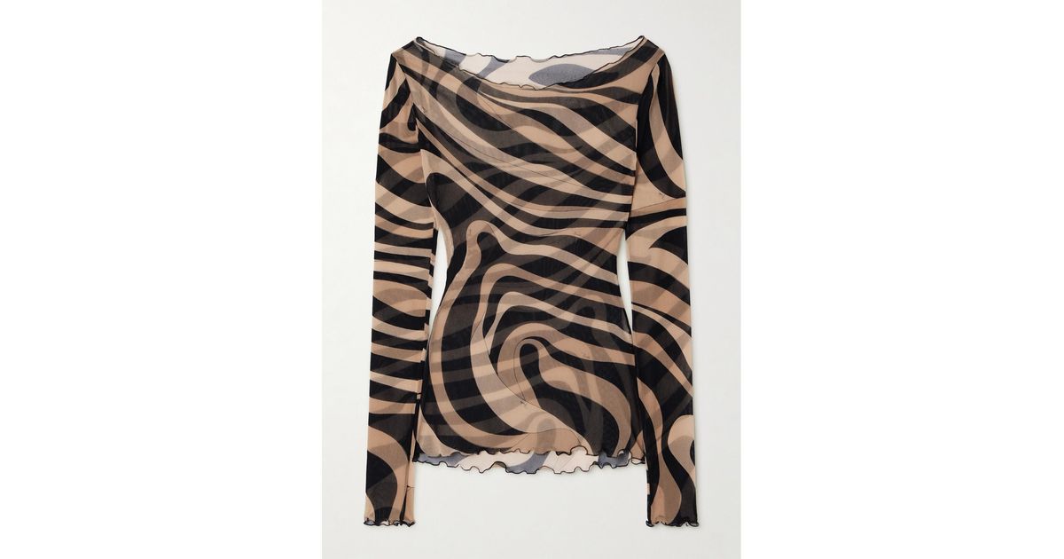 Emilio Pucci Ruffled Printed Chiffon Top in Black | Lyst