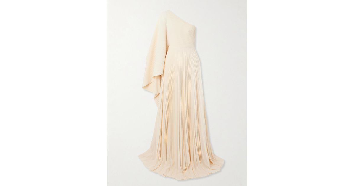 Solace London Maci One-Shoulder Pleated Chiffon Gown in Natural | Lyst