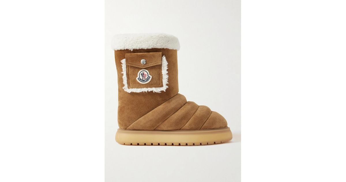 Moncler Gaia Shearling-Trimmed Quilted Suede Boots in Natural | Lyst