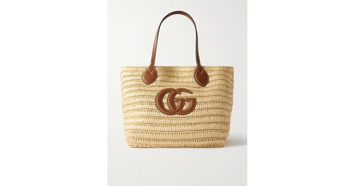 Gucci Leather-Trimmed Raffia Tote in Natural | Lyst