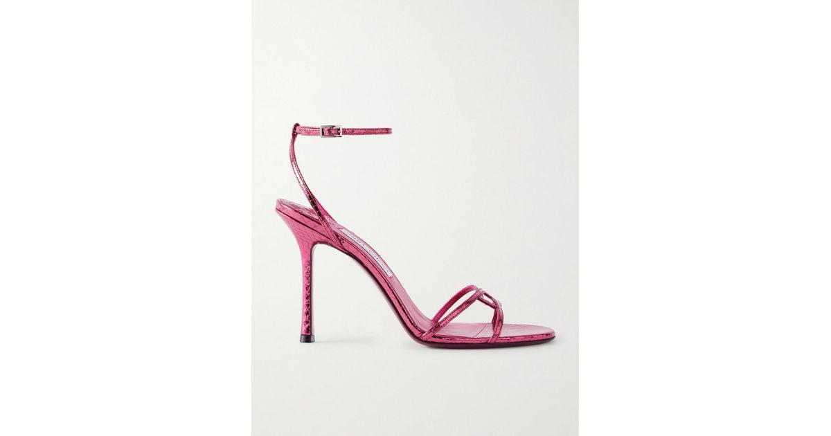 Jimmy Choo Leo 100 Croc-Effect Metallic-Leather Sandals in Pink | Lyst
