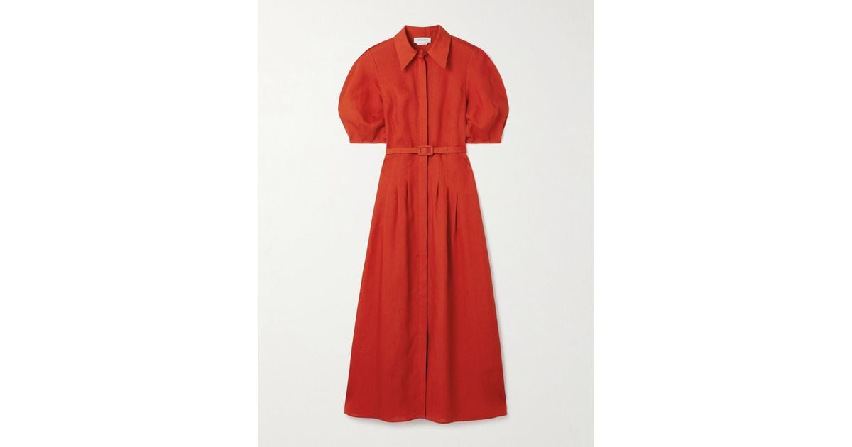 Gabriela Hearst Maude Belted Linen Midi Shirt Dress in Red | Lyst