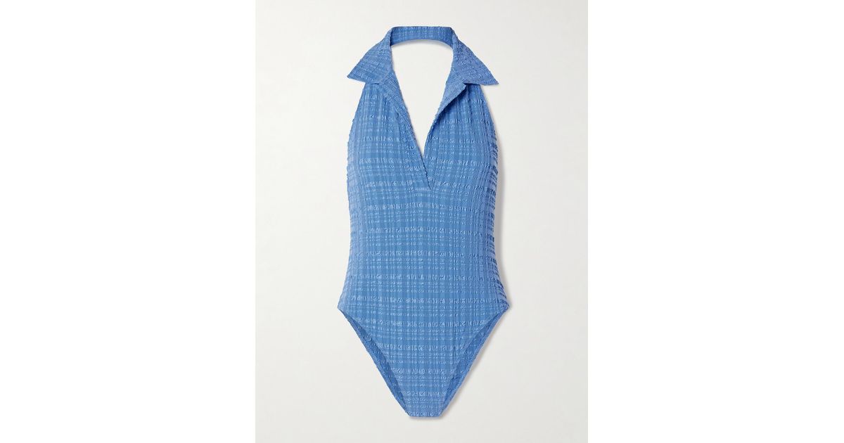 Lisa Marie Fernandez Polo Seersucker Halterneck Swimsuit in Blue | Lyst