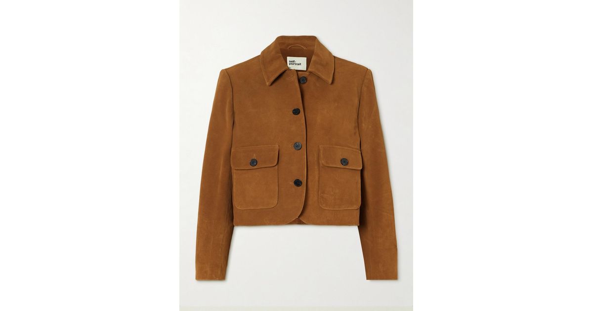 Self-Portrait Cropped Suede Jacket in Brown | Lyst
