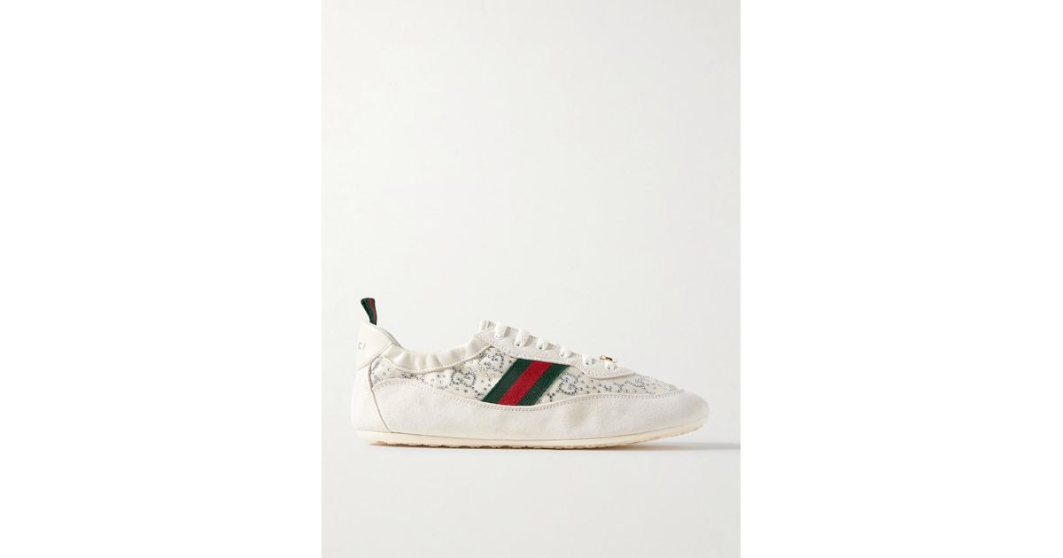 Gucci Swift Webbing And Leather-Trimmed Embellished Mesh And Suede ...