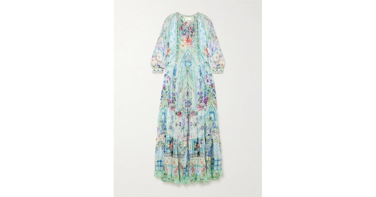 CAMILLA Embellished Tiered Printed Silk-Crepon Maxi Dress in Blue | Lyst