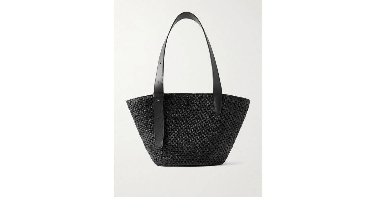 LIE STUDIO The Bianca Small Leather-Trimmed Raffia Tote in Black | Lyst