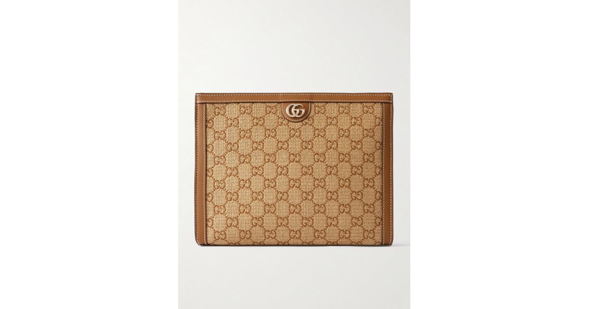 Gucci Ophidia Leather-Trimmed Logo-Jacquard Raffia Pouch in Natural ...