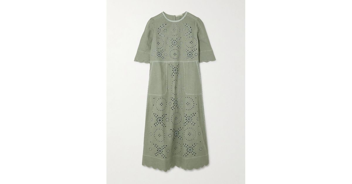 Vita Kin Sabrina Scalloped Broderie Anglaise Linen Midi Dress in Green ...