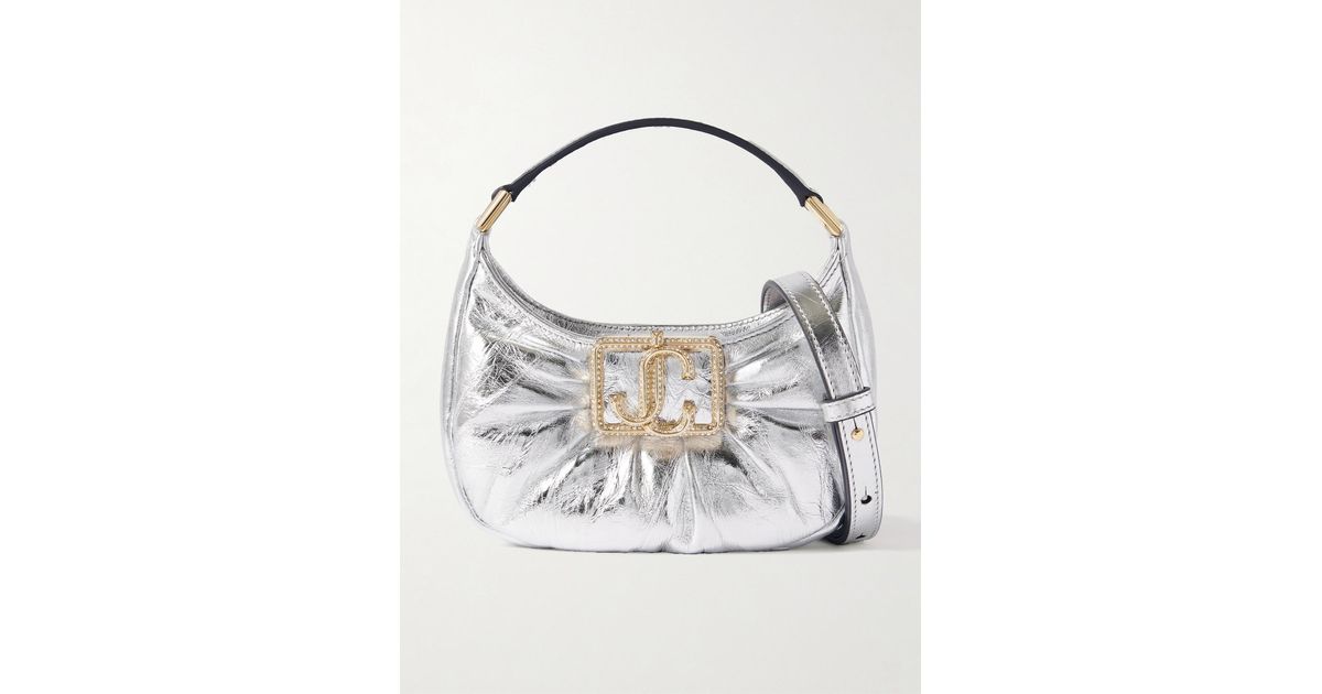 Jimmy Choo Edie Mini Embellished Ruched Satin Shoulder Bag in Metallic ...