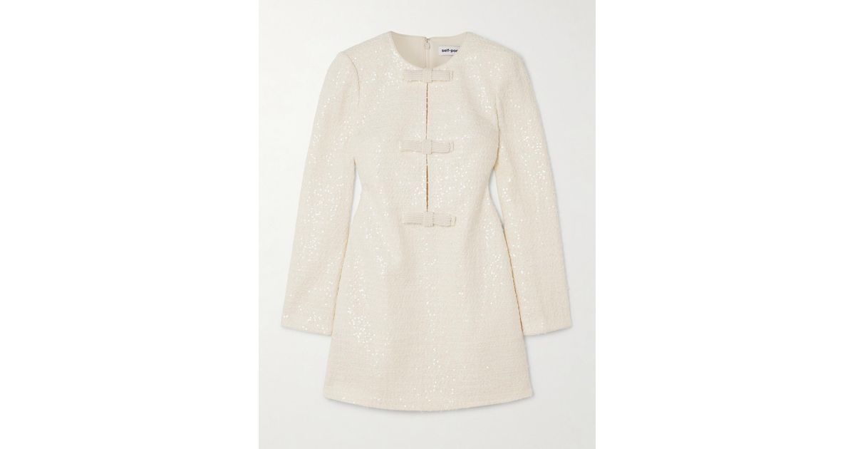 Self-Portrait Embellished Sequined Bouclé-Tweed Mini Dress in Natural ...