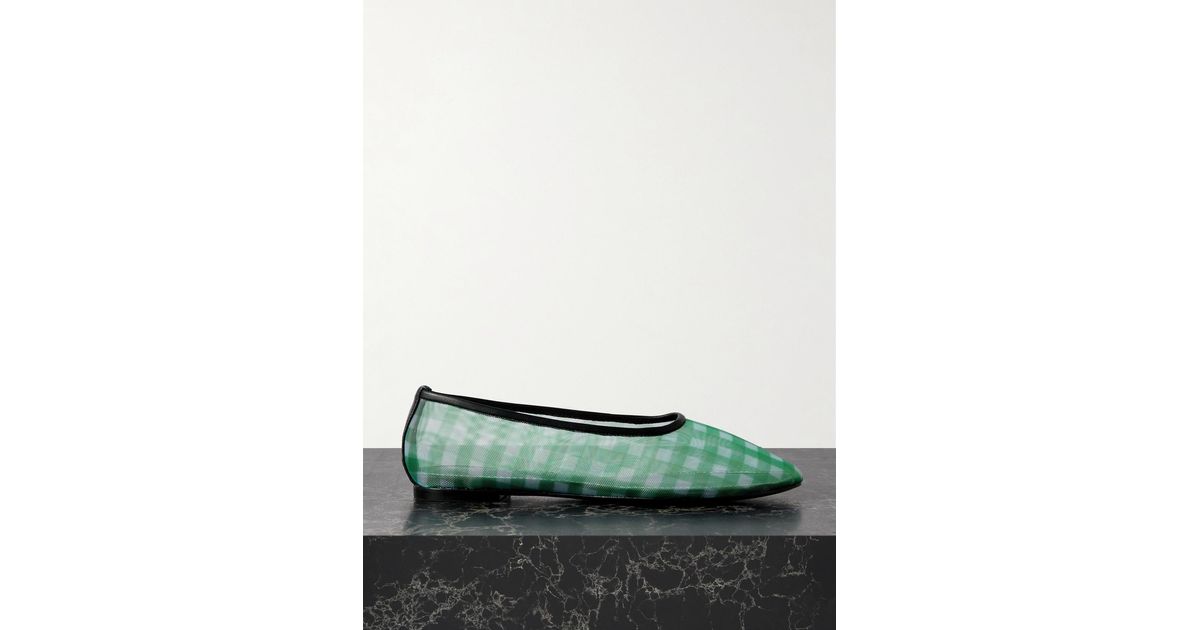 STAUD Alba Leather-Trimmed Gingham Mesh Ballet Flats in Green | Lyst