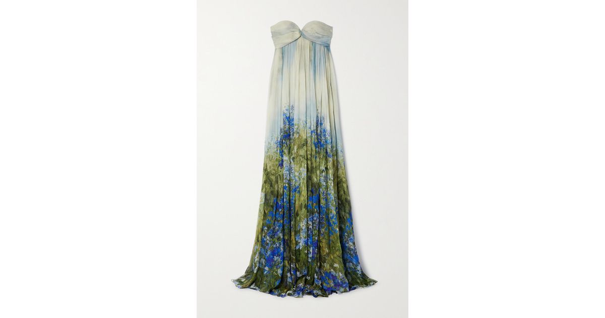 Oscar De La Renta Strapless Twist Front Gathered Floral Print Silk