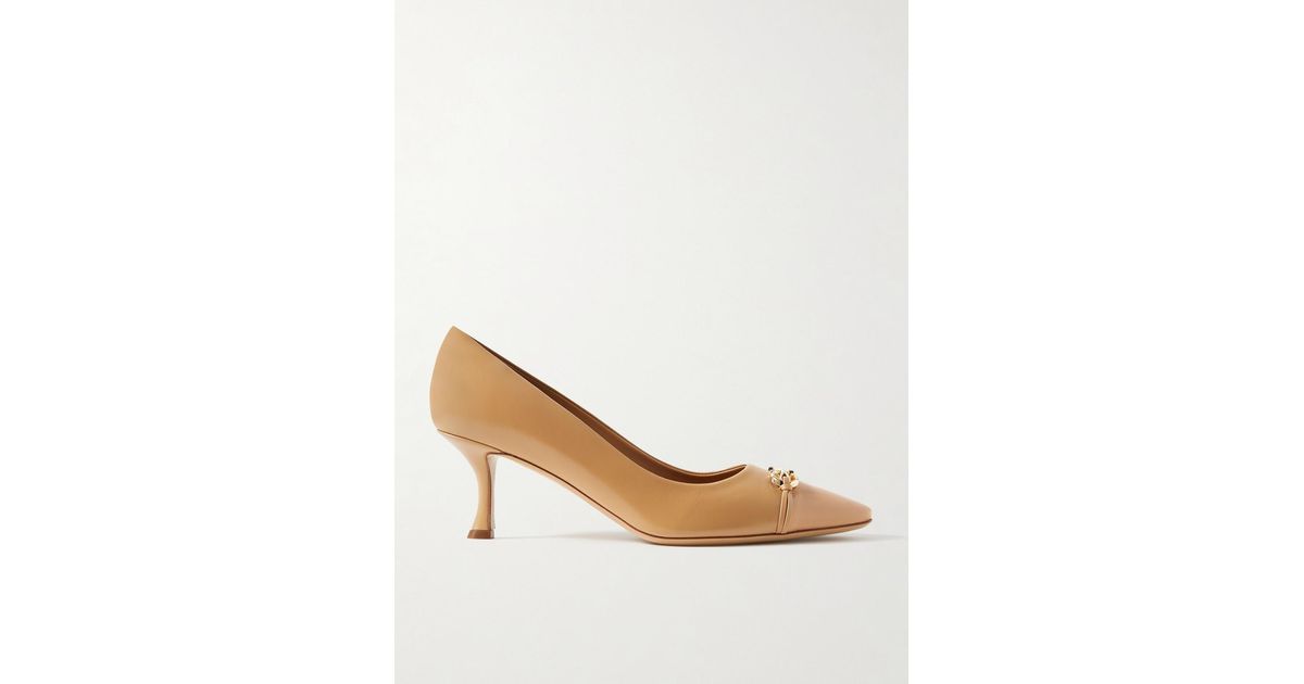 Ferragamo Bria Embellished Patent-Leather Trimmed Smooth Leather Pumps ...