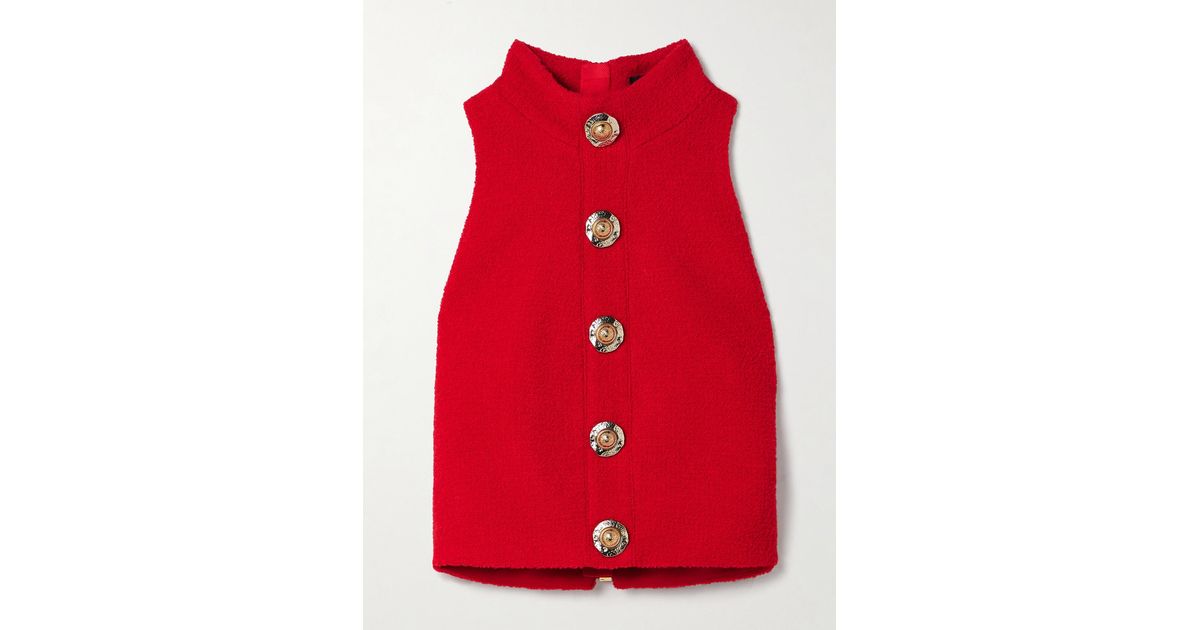 Balmain Cropped Button-Embellished Wool-Blend Bouclé Top in Red | Lyst