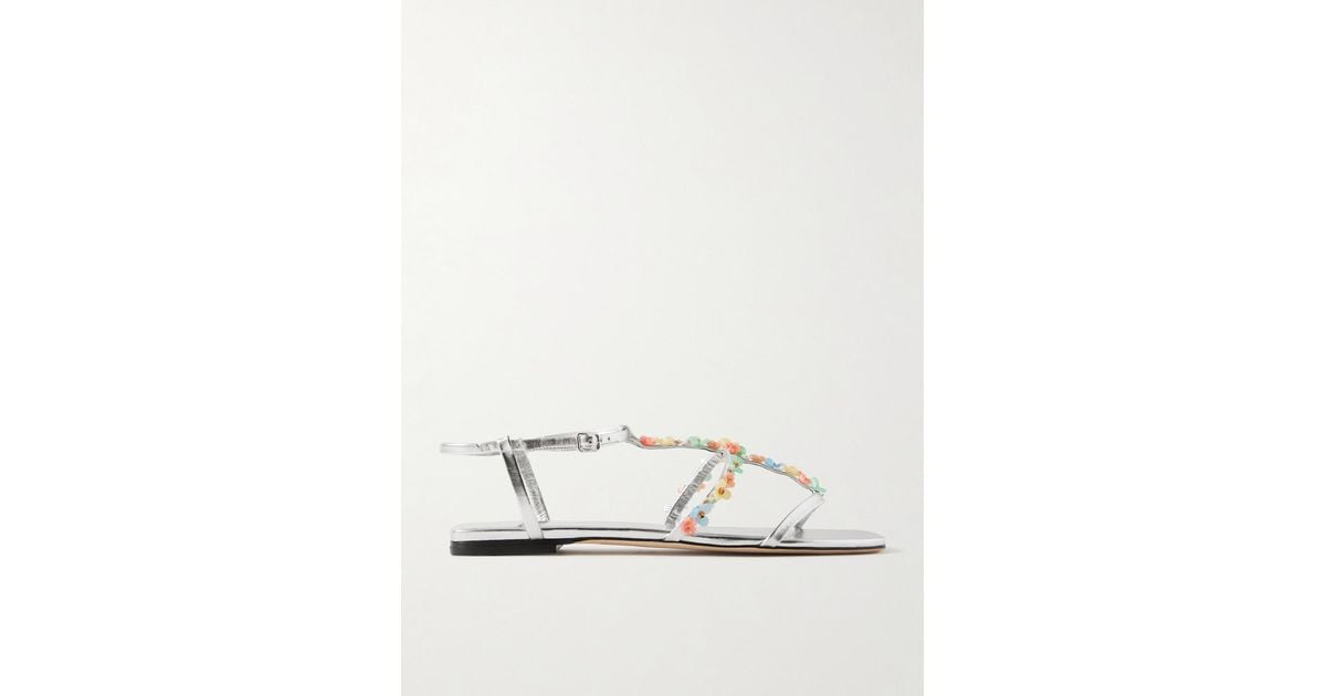 Jimmy Choo Gwyn Bead-Embellished Metallic Leather Sandals in White | Lyst