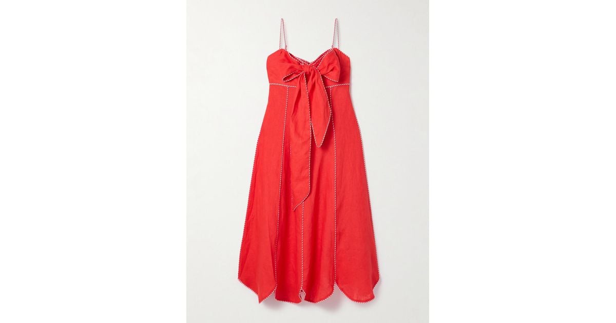 FARM Rio Bow-Embellished Scalloped Linen Midi Dress in Red | Lyst