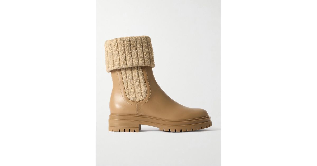 Gianvito Rossi Tenney Leather And Ribbed-Knit Chelsea Boots in Natural ...