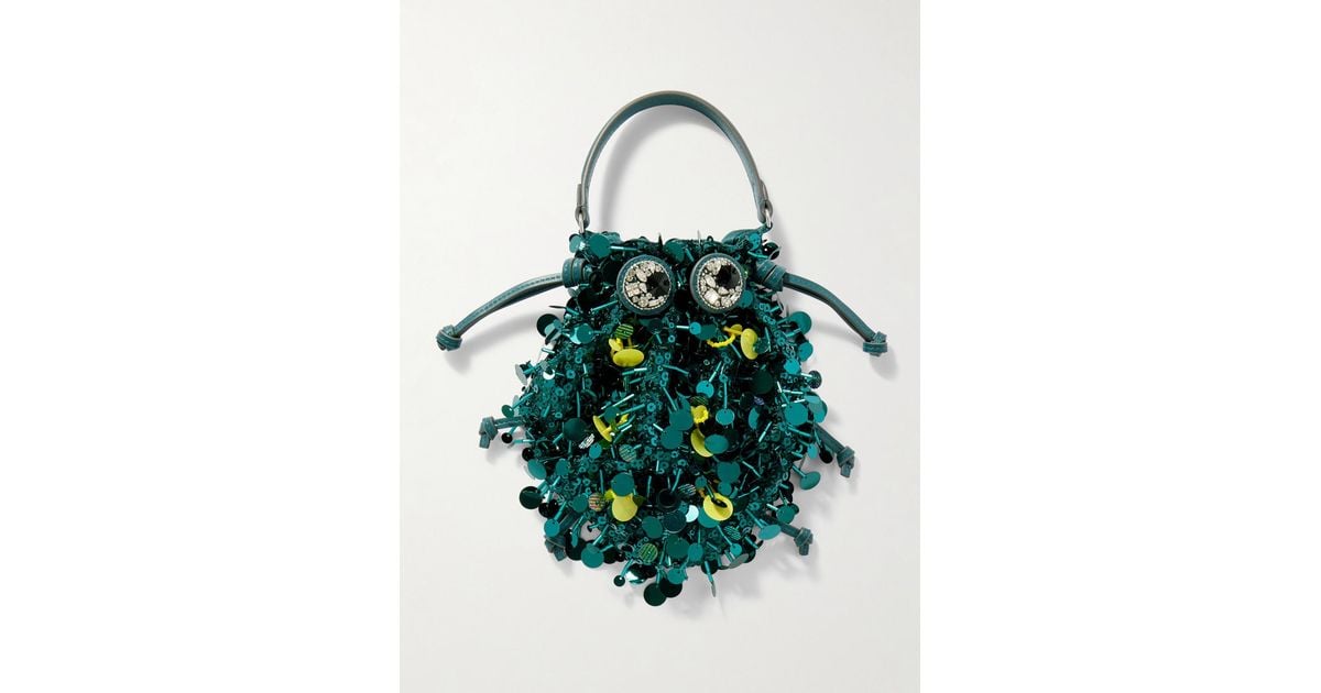 Anya Hindmarch Beetle Embellished Leather-Trimmed Clutch in Green | Lyst