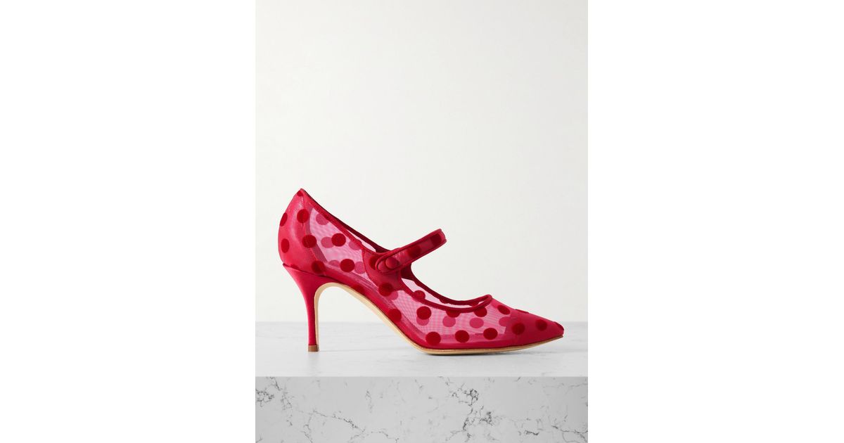 Manolo Blahnik Campari 70 Grosgrain-Trimmed Flocked Mesh Mary Jane ...