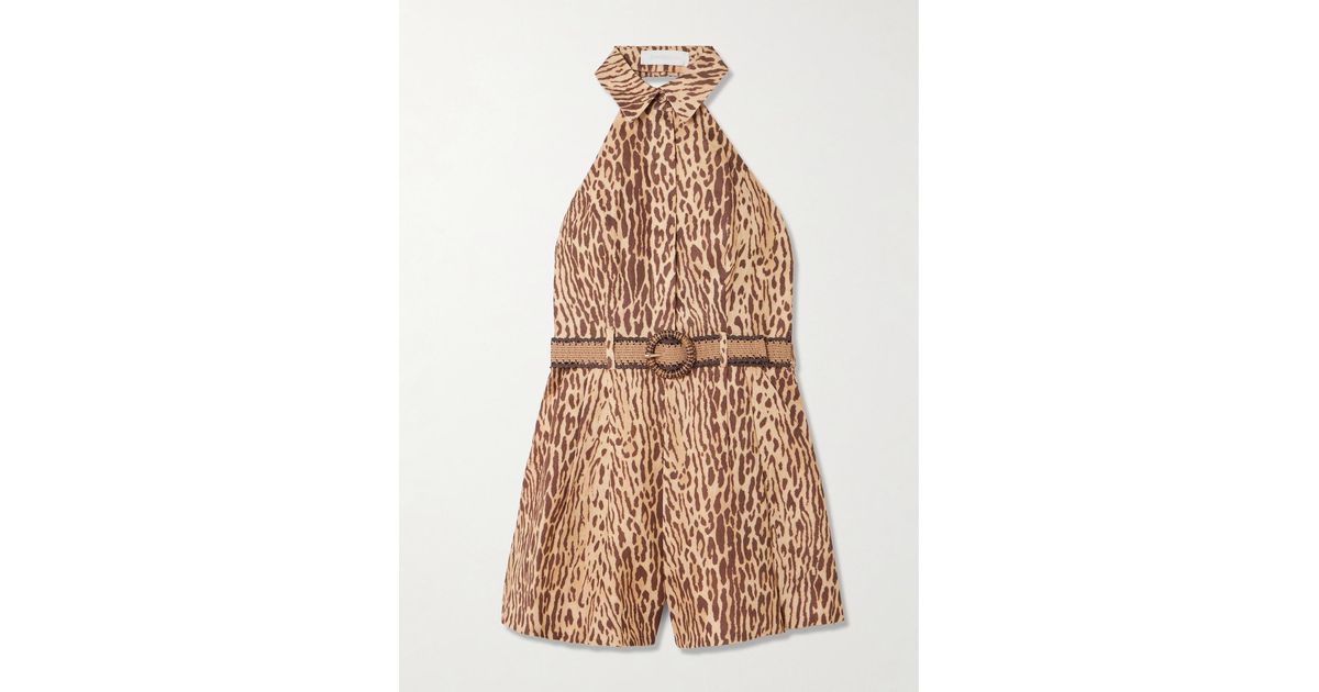 Zimmermann Cascadian Belted Pleated Leopard-Print Linen Playsuit in ...