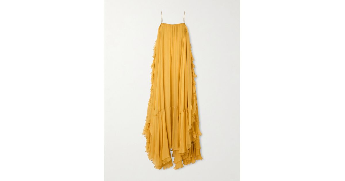Chloé Asymmetric Embellished Ruffled Organic Silk-Crepon Gown in Yellow ...