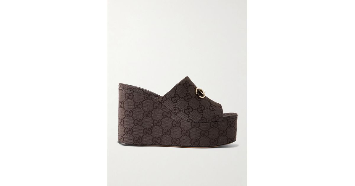 Gucci Horsebit-Embellished Canvas-Jacquard Platform Mules in Brown | Lyst